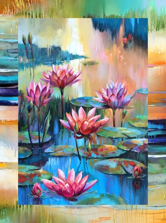 LOTUS PANEL - DK BLUE MULTI || LOTUS || Northcott Studio - Fabco Limited